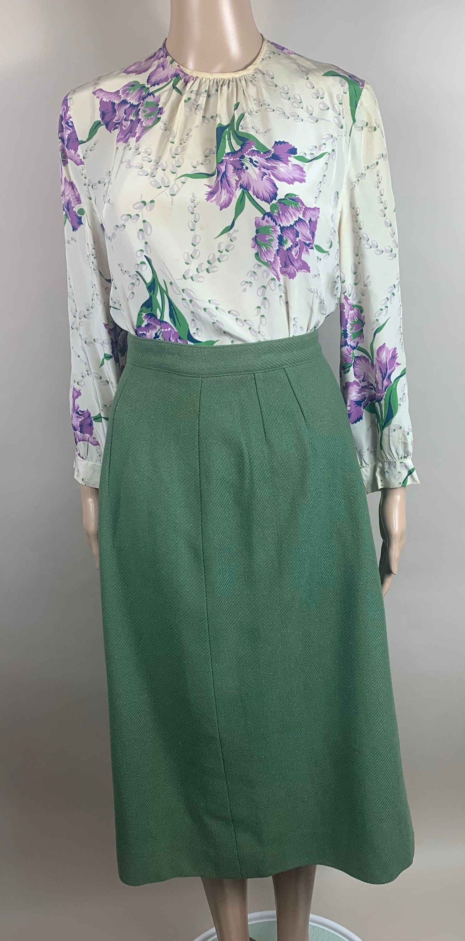 Vintage Late 1940s, 1950s, 2 Piece Avocado Green Wool Suit Sm Med