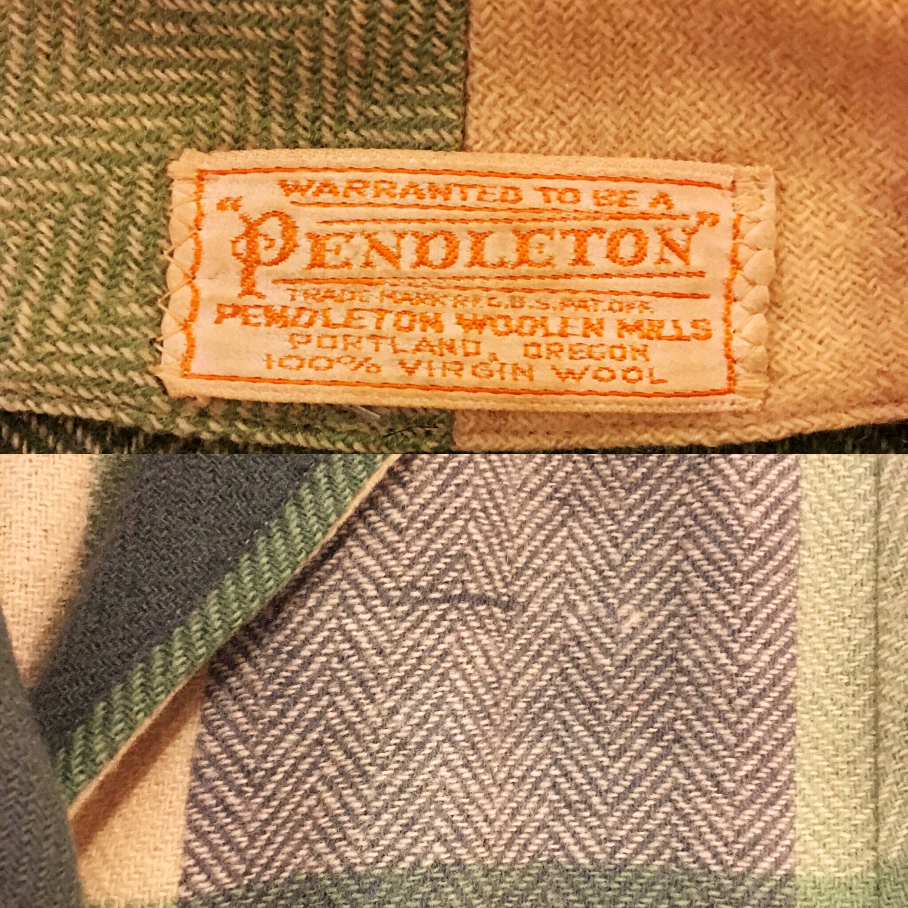 Vintage 1950s Green and Beige Herringbone Wool Checkered Pendleton