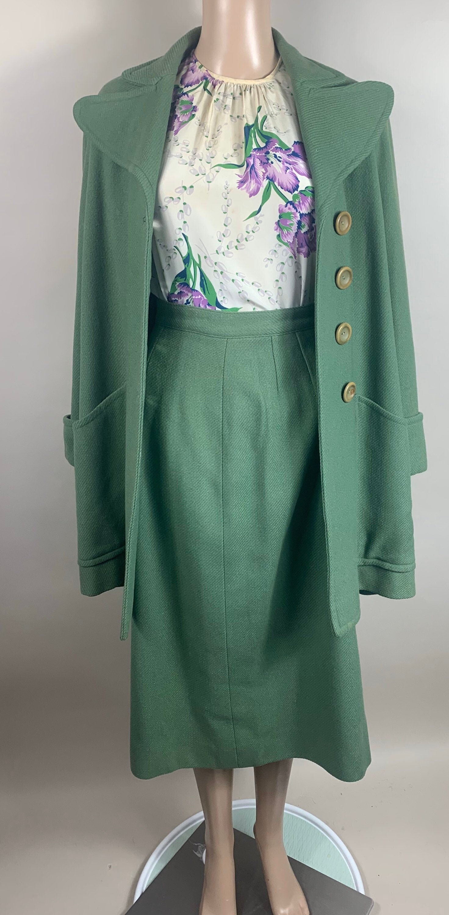 Vintage Late 1940s, 1950s, 2 Piece Avocado Green Wool Suit Sm Med