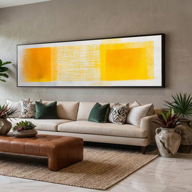 Long Narrow, Modern Yellow Squares Abstract Canvas, Minimalist ...