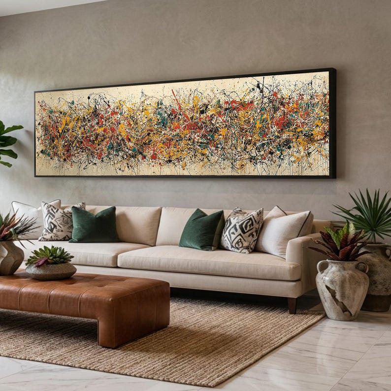 Long Narrow, Vibrant Abstract Splatter Canvas, Modern Colorful Wall Art ...