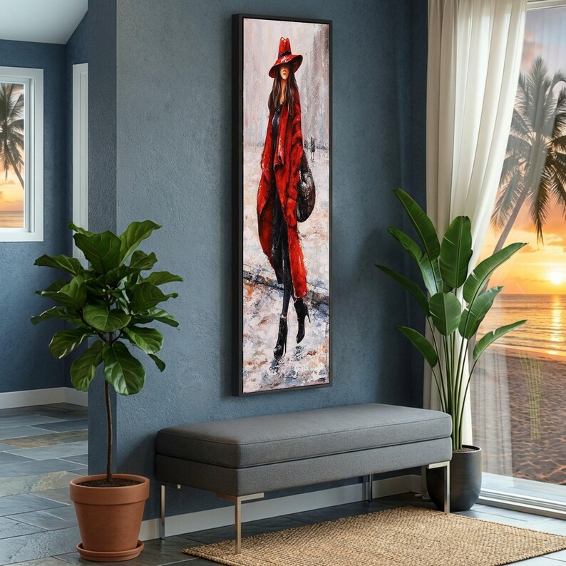 Elegant Woman in Red Coat and Hat, Fashion Canvas Wall Art, Stylish ...
