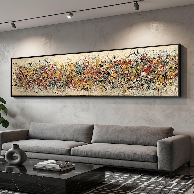 Long Narrow, Vibrant Abstract Splatter Canvas, Modern Colorful Wall Art ...
