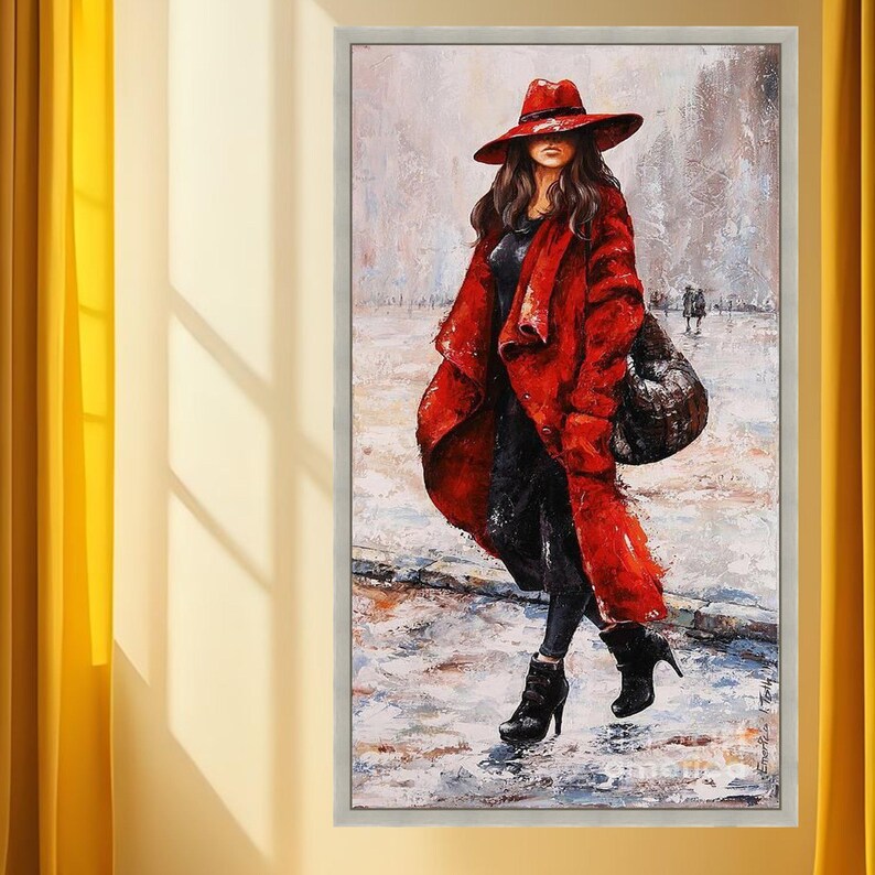 Elegant Woman in Red Coat and Hat, Fashion Canvas Wall Art, Stylish ...