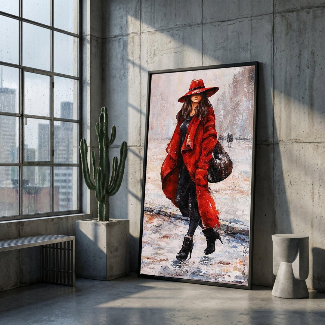 Elegant Woman in Red Coat and Hat, Fashion Canvas Wall Art, Stylish ...