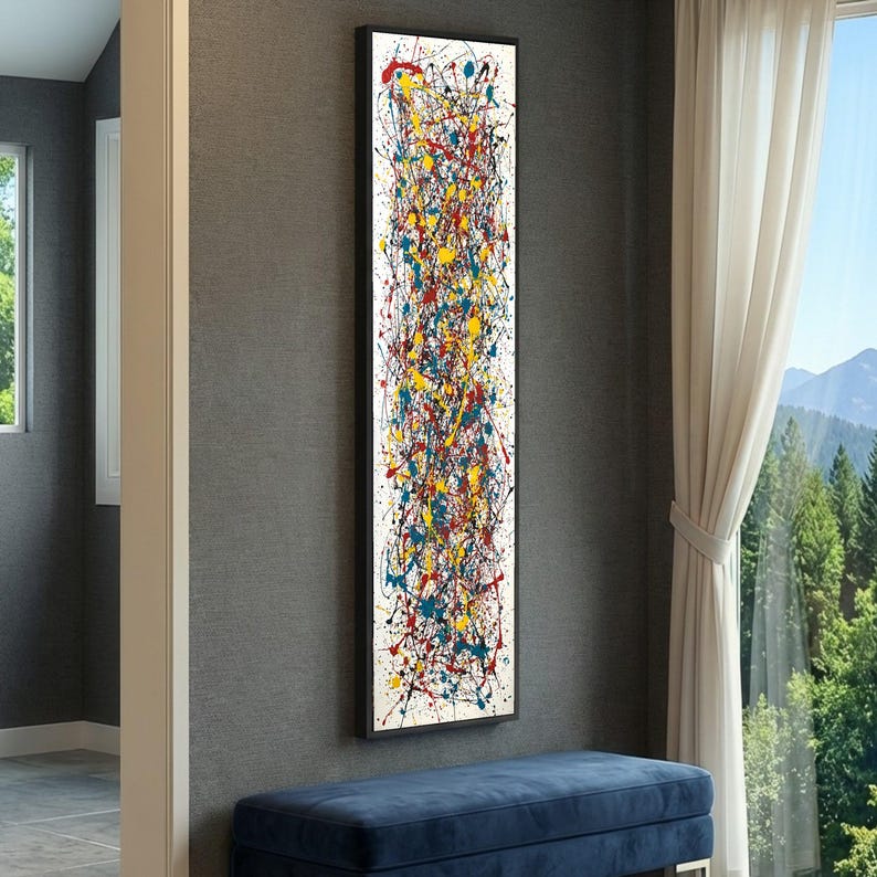 Long Narrow, Vibrant Abstract Splatter Canvas Wall Art, Colorful Modern ...