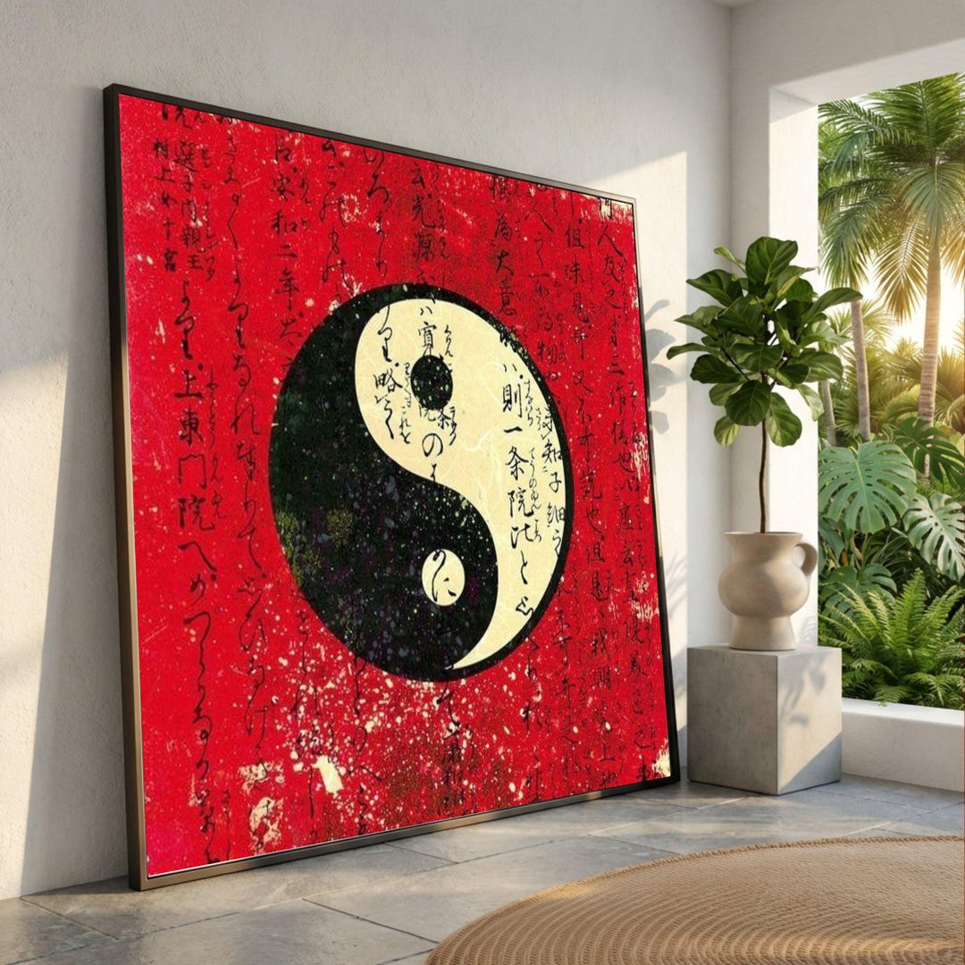 Yin Yang Symbol Canvas, Asian Calligraphy Art, Red and Black Wall Decor ...