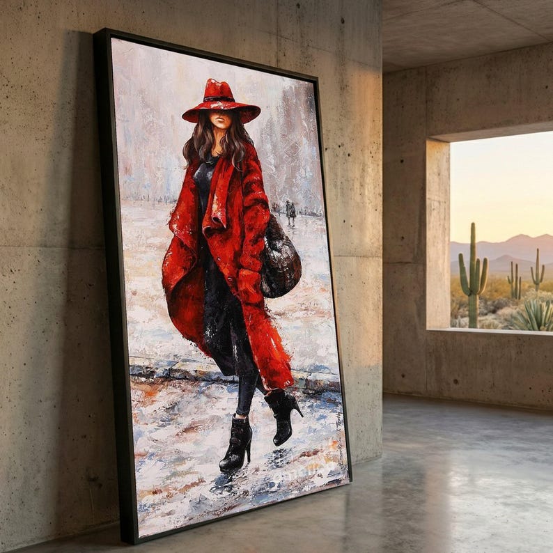 Elegant Woman in Red Coat and Hat, Fashion Canvas Wall Art, Stylish ...