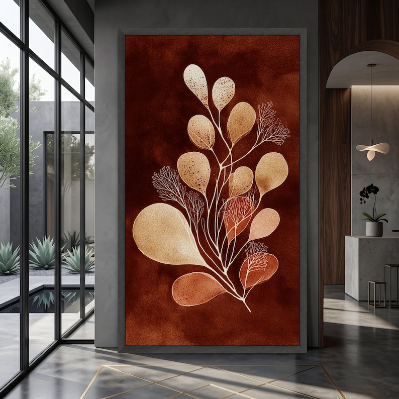 Abstract Botanical Canvas Wall Art, Earth Tone Leaf Design, Modern ...