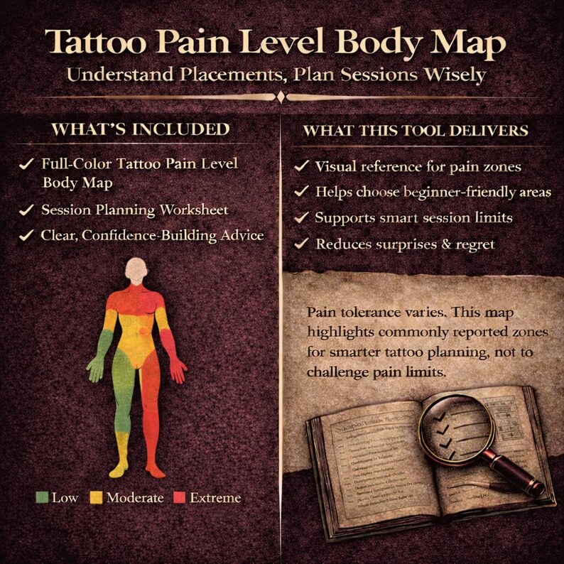 Tattoo Pain Level Body Map (PDF) | Visual Placement Tool, Session ...