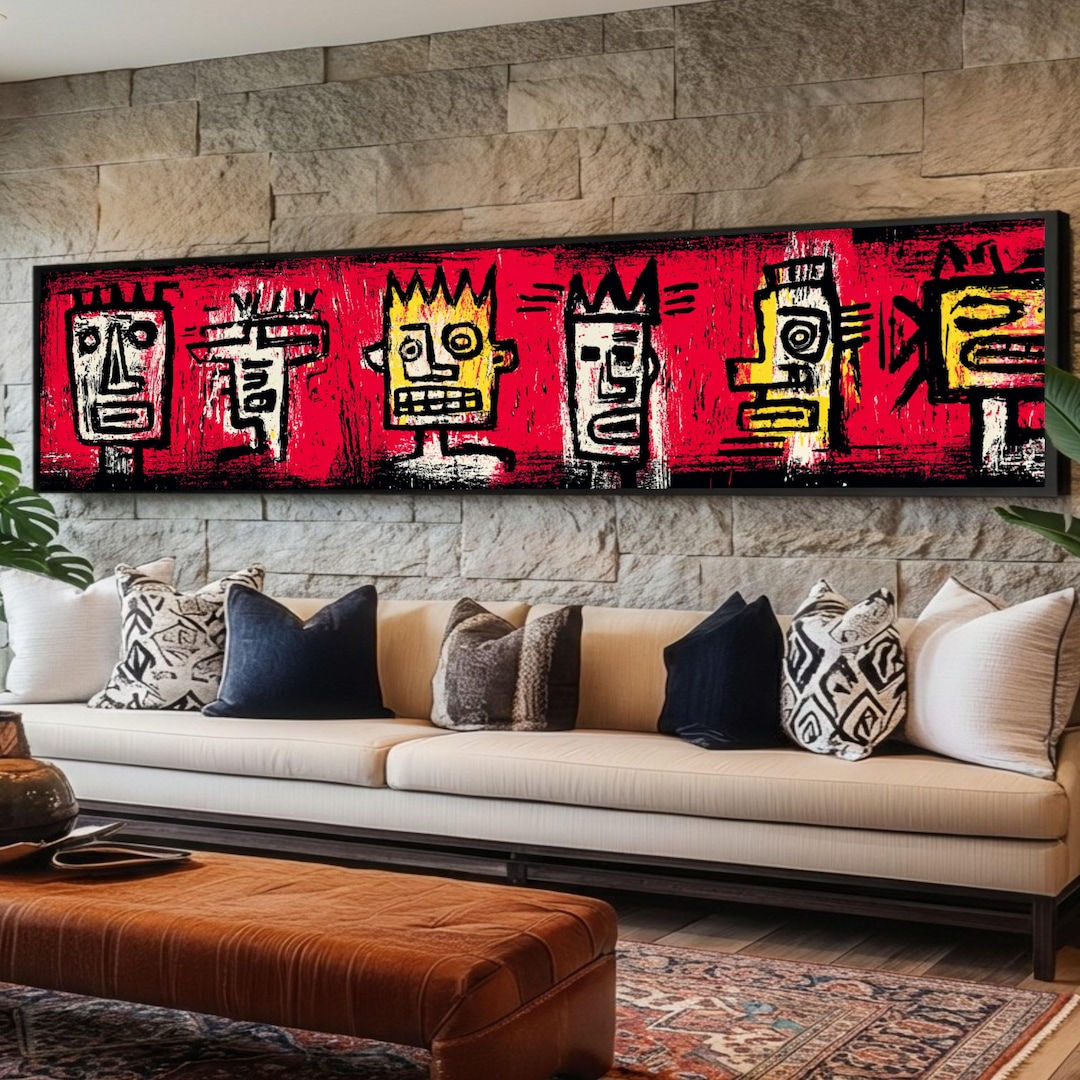 Long Narrow, Abstract Urban Faces Canvas, Modern Expressionist Wall Art ...