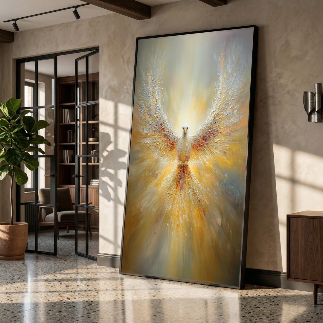 Radiant Dove Canvas Wall Art, Angelic Bird Painting, Golden Light Bird ...