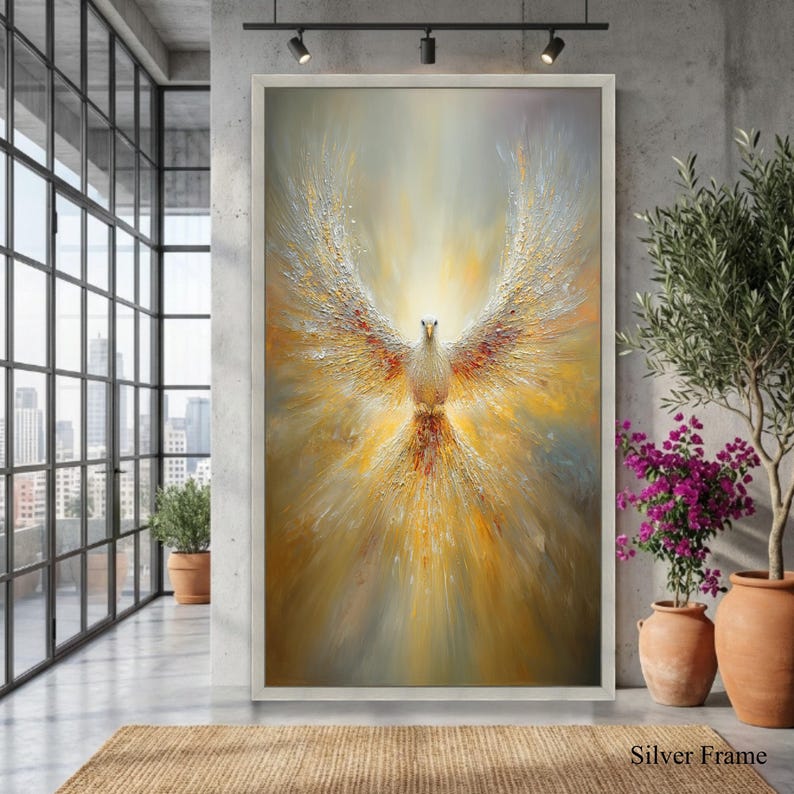 Radiant Dove Canvas Wall Art, Angelic Bird Painting, Golden Light Bird ...