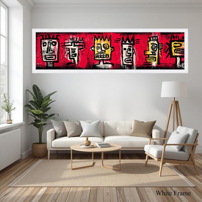 Long Narrow, Abstract Urban Faces Canvas, Modern Expressionist Wall Art ...