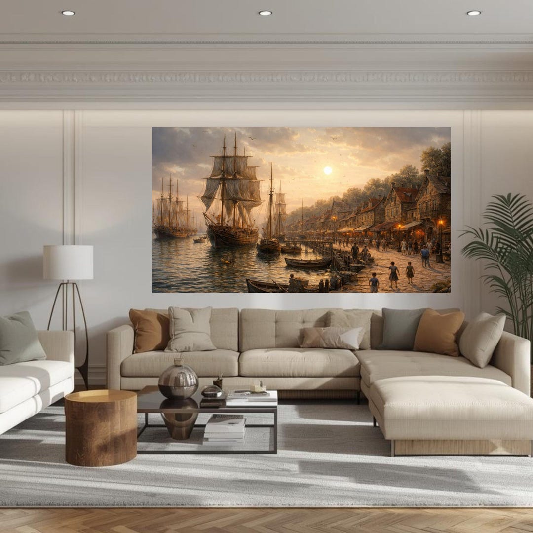Vintage Harbor Scene Canvas, Historic Sailing Ships Wall Art, Nautical ...