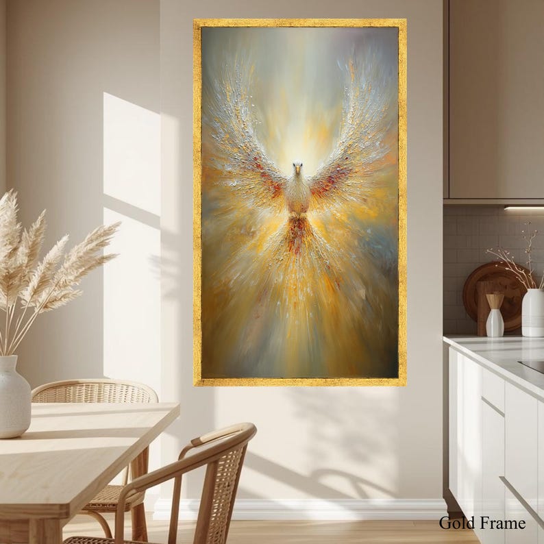 Radiant Dove Canvas Wall Art, Angelic Bird Painting, Golden Light Bird ...