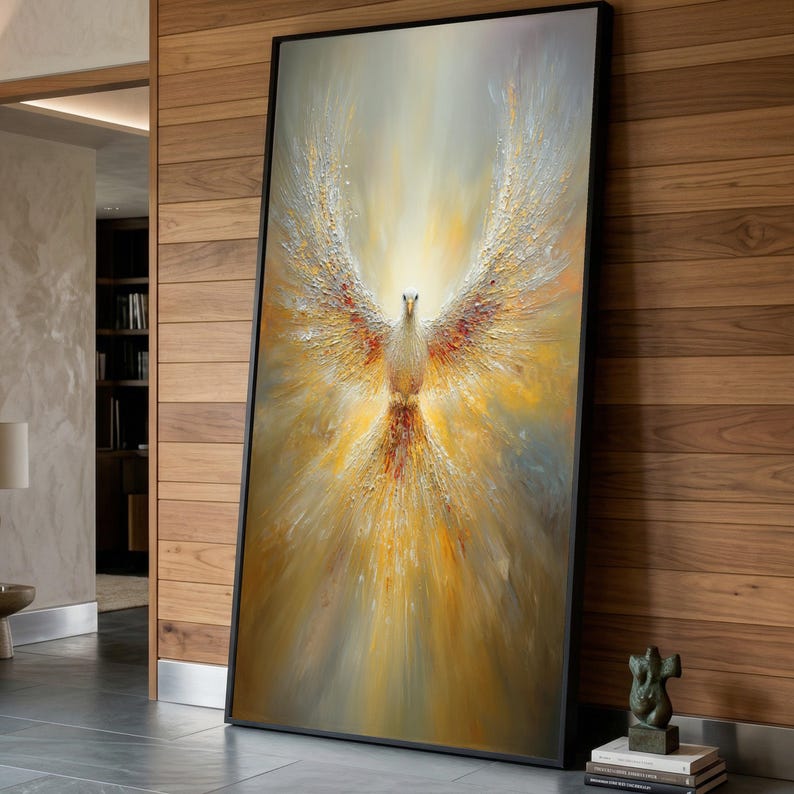 Radiant Dove Canvas Wall Art, Angelic Bird Painting, Golden Light Bird ...