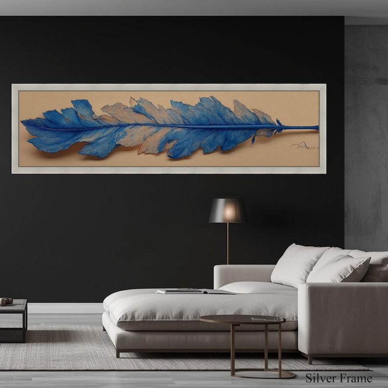 Long Narrow, Blue Feather Illustration Canvas Art, Nature Wall Decor ...