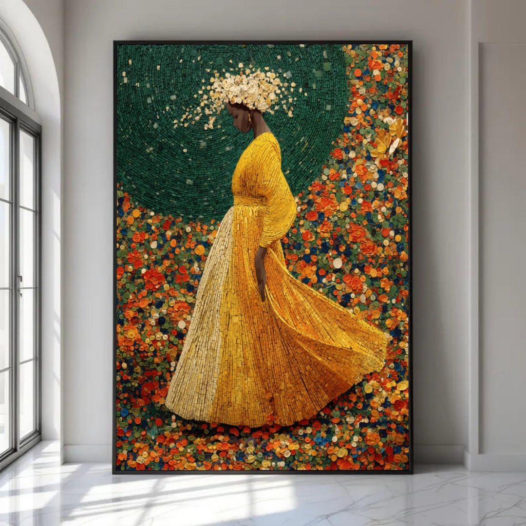 Gustav Klimt Woman in Yellow Dress Mosaic Canvas, Floral Fine Art Wall ...