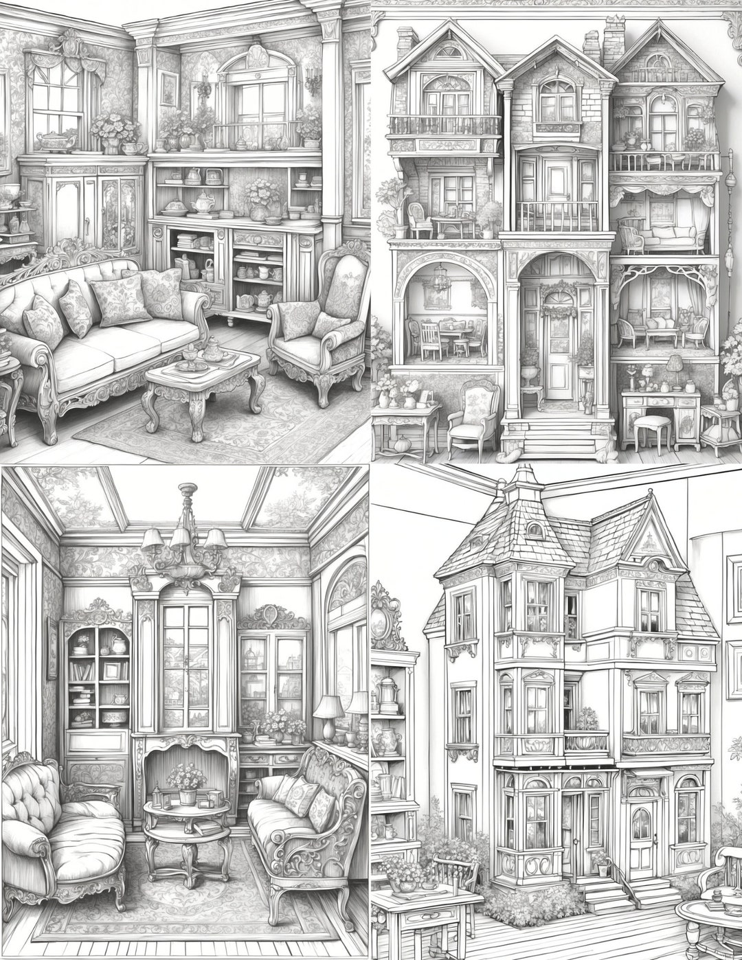 Dollhouse Coloring Pages, 28 Interior Designs, Creative Art Therapy ...