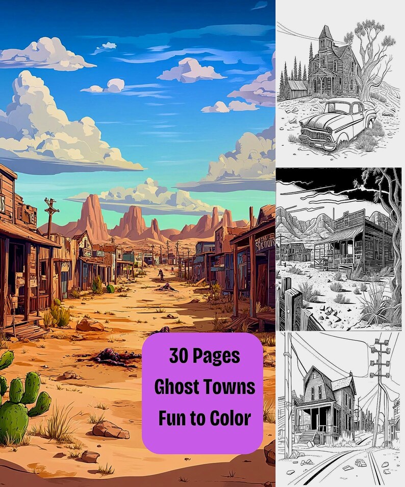 West - Ghost Towns 30 Page Adult Coloring Pages: Digital Download PNG ...