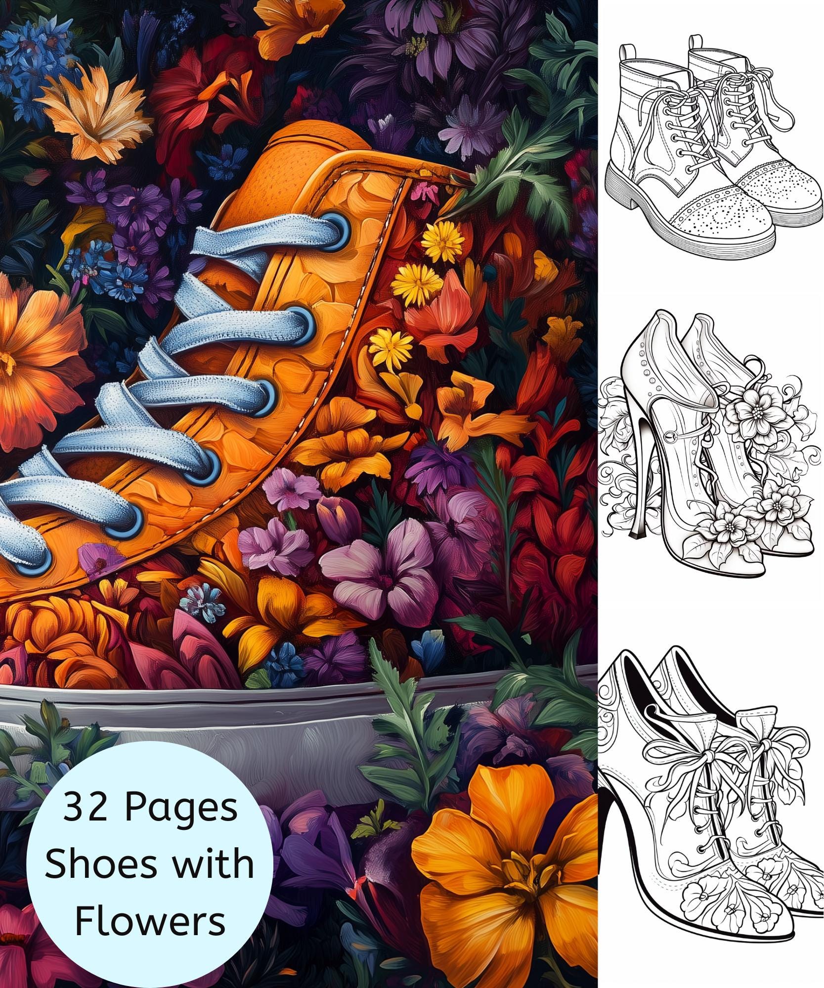 Coloring Pages Digital Download Shoes/ Sneakers With Flowers Ready to ...