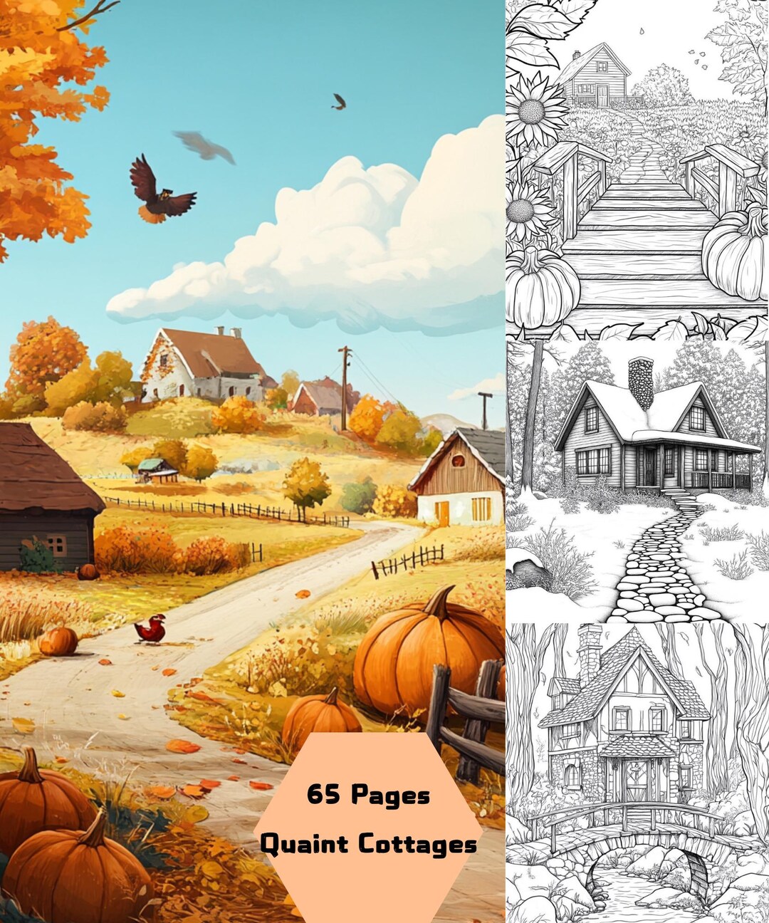 Cottage Coloring Pages | Mega Bundle- 65 Relaxing Art Therapy Designs ...