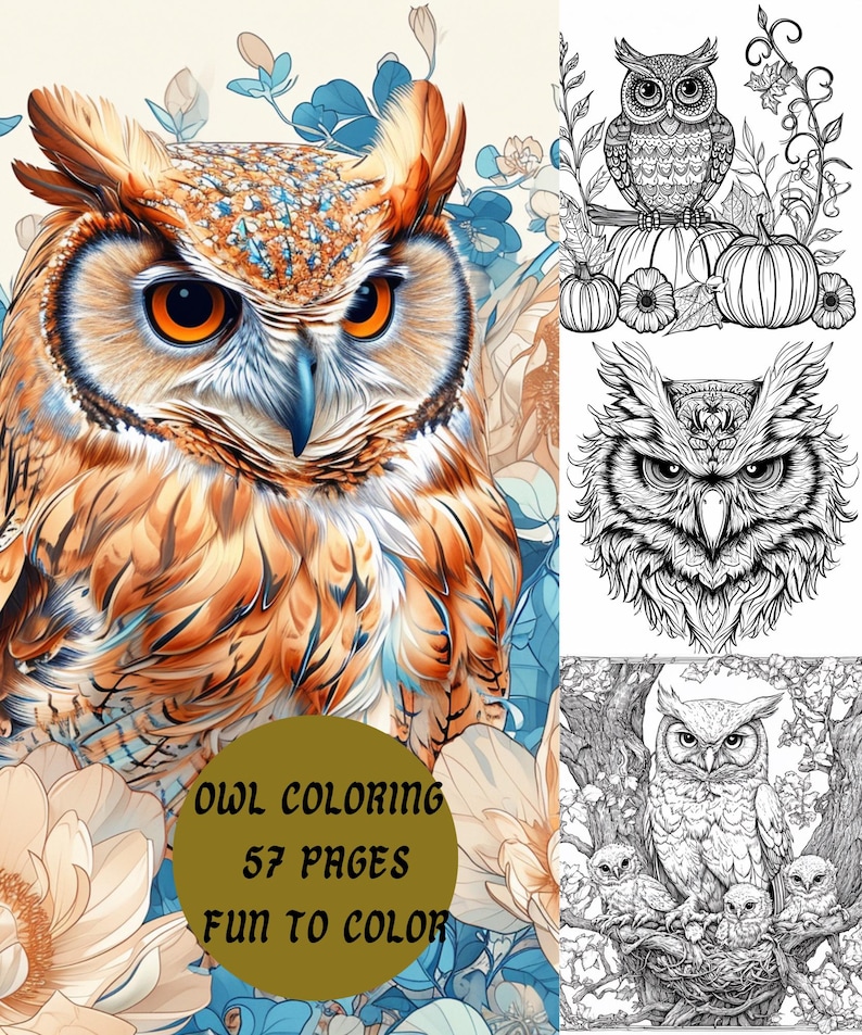 Majestic Owls Coloring Pages Digital Download, 57 Detailed Adult ...