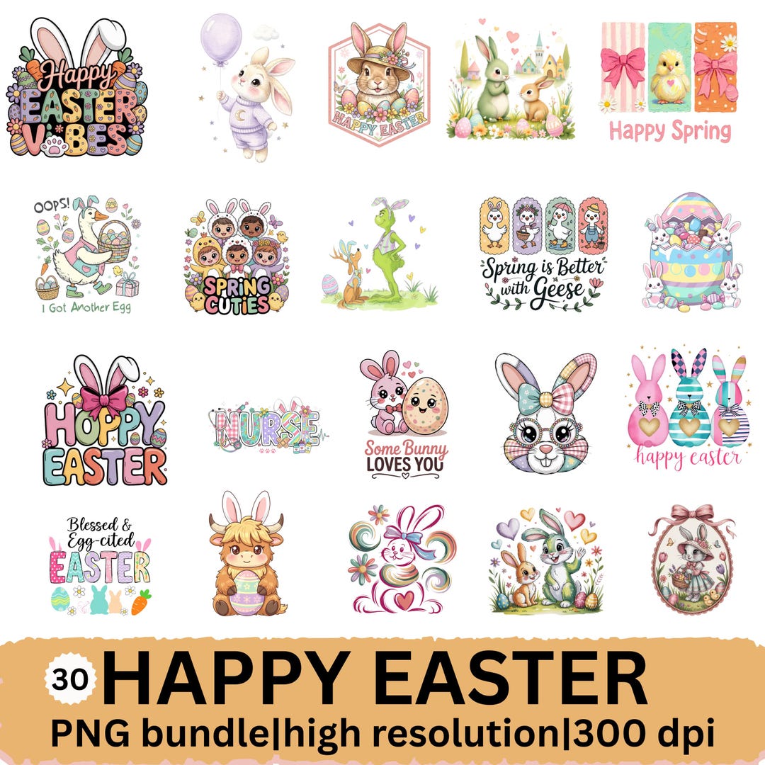 Easter PNG Bundle 30 Cute Bunny Designs, Spring Clipart 300 DPI ...