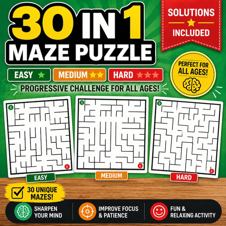 30 Unique Maze Puzzles Activity Book | Brain Teaser Labyrinth Games ...