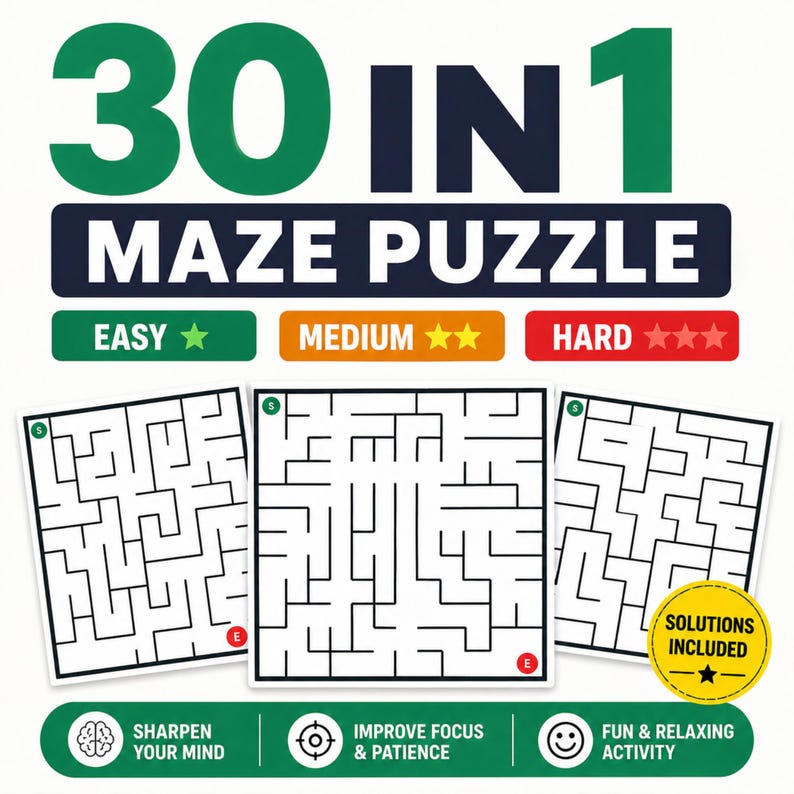 30 Unique Maze Puzzles Activity Book | Brain Teaser Labyrinth Games ...