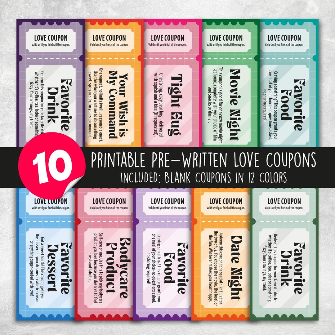 Pre Written Love Coupon Book Printable | Blank Coupon Templates in 12 ...