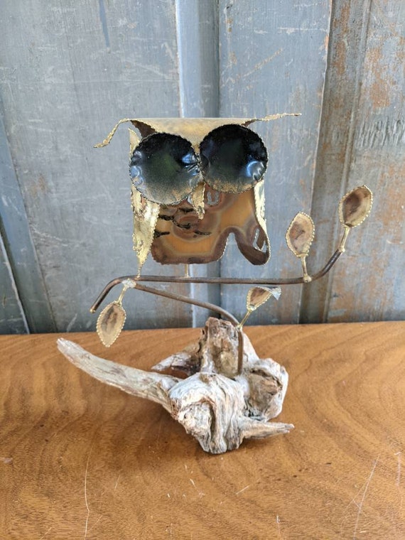 Vintage Copper Metal Owl Sculpture on Wood - Etsy