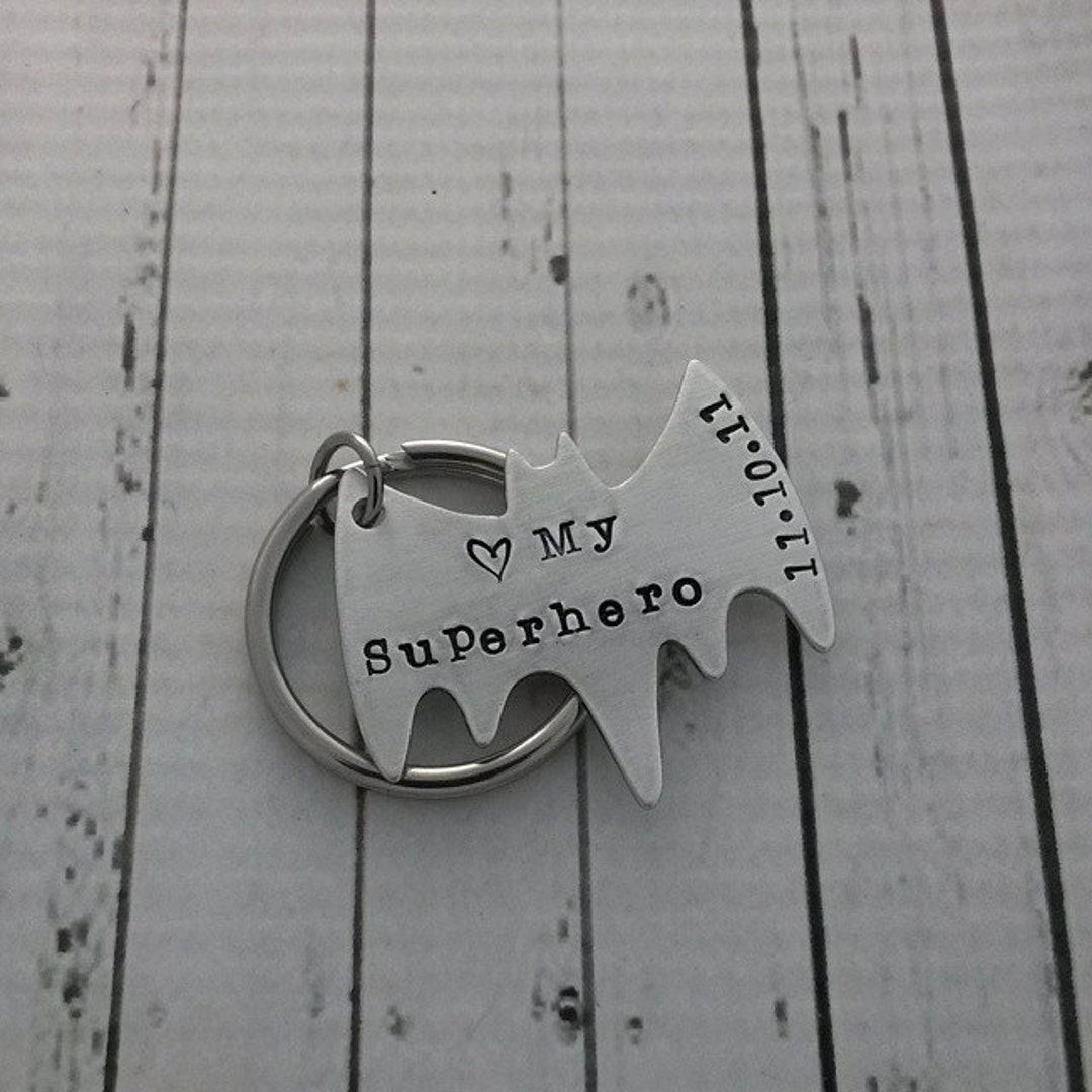 Personalized Superhero Keychain Personalized Hand Stamped BAT Shaped ...