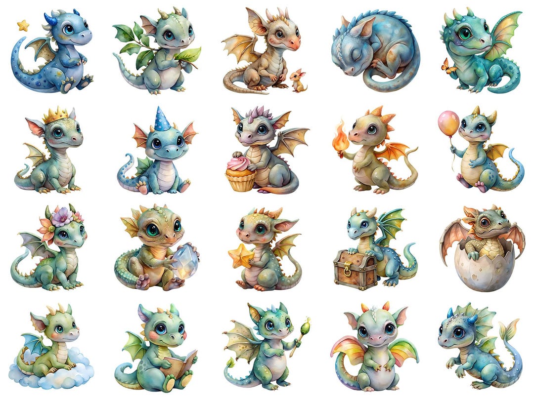 Watercolor Baby Dragon Clipart Bundle, Cute Fantasy Dragon PNG Set ...
