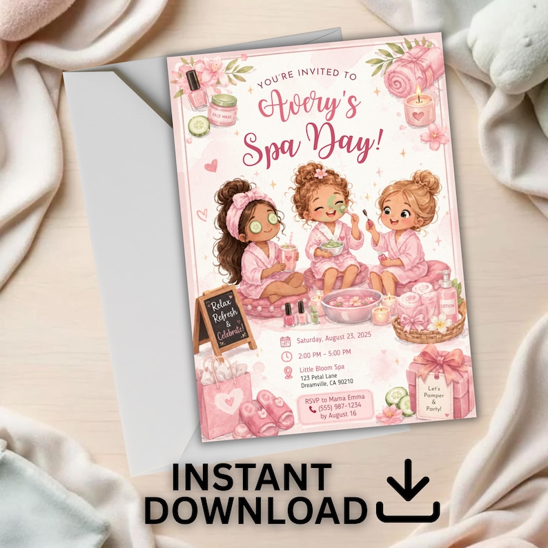Girls Spa Birthday Invitation Template, Editable Spa Party Invite, Kids ...