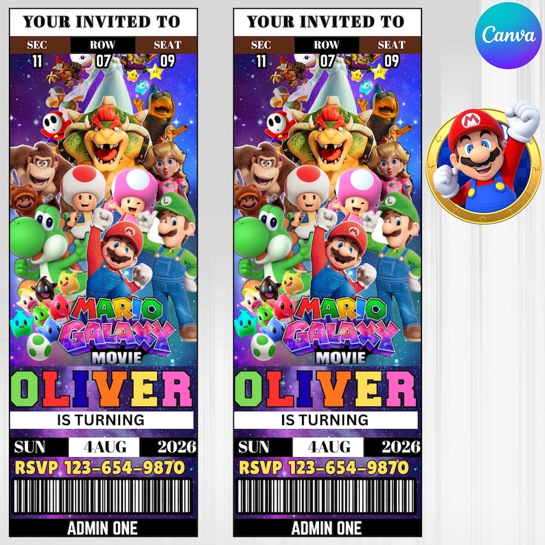 Super Mario Galaxy Movie Ticket Invitation, Editable Gamer Birthday ...