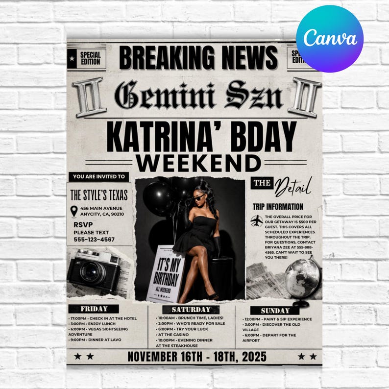 Editable Gemini Birthday Weekend Newspaper Invitation, Digital Birthday ...