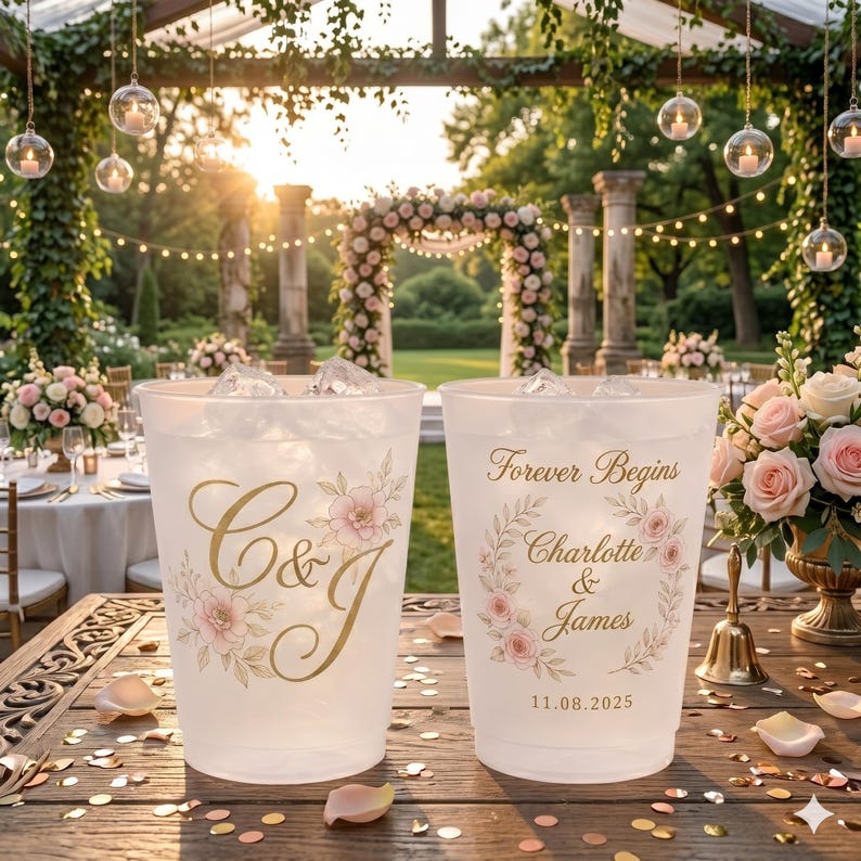 Custom Wedding Monogram Plastic Cups, Personalized Name Date Forever ...