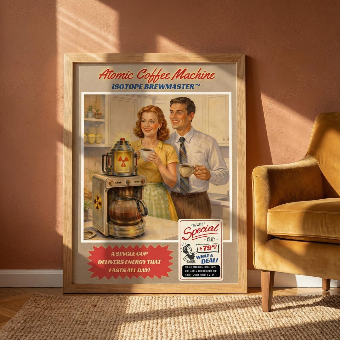 Atomic Coffee Machine Wall Art – Retro Futuristic Poster, Mid-century ...