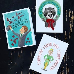 Illustrated Elf Printable Christmas Cards, Elf Raccoon Hug Elf in Love ...