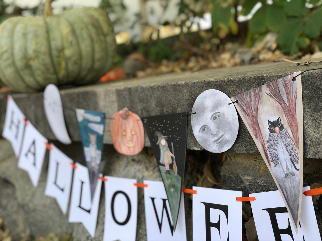 Illustrated Halloween Pennant Banner, Trick or Treaters (digital ...