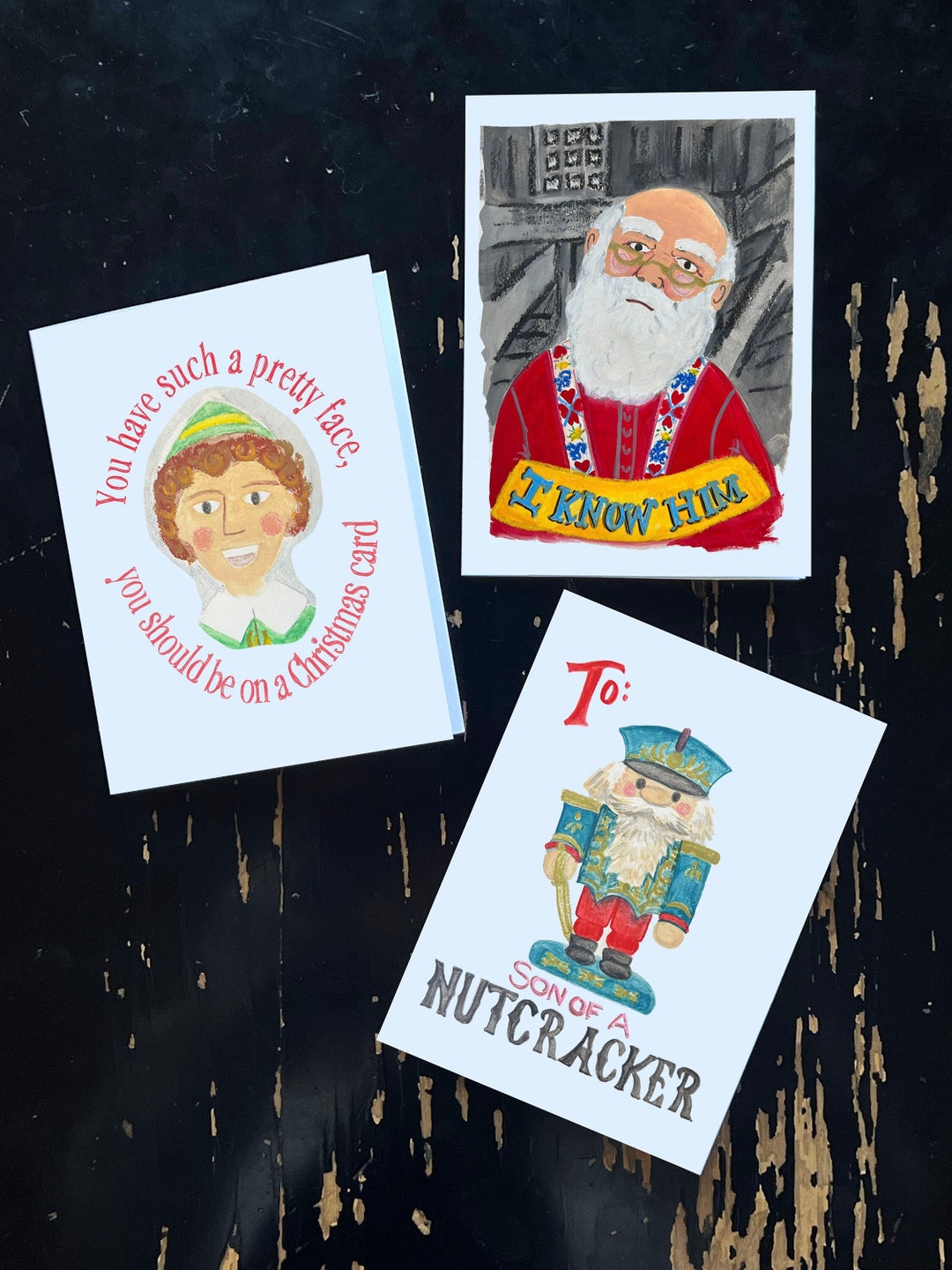 Illustrated Elf Printable Christmas Cards, Santa + Nutcracker + Elf ...