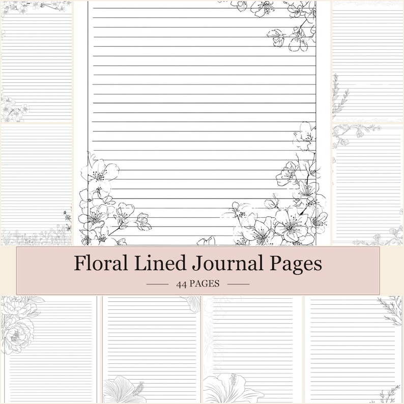 Floral Lined Journal Pages Printable, Vintage Writing Paper, Neutral ...