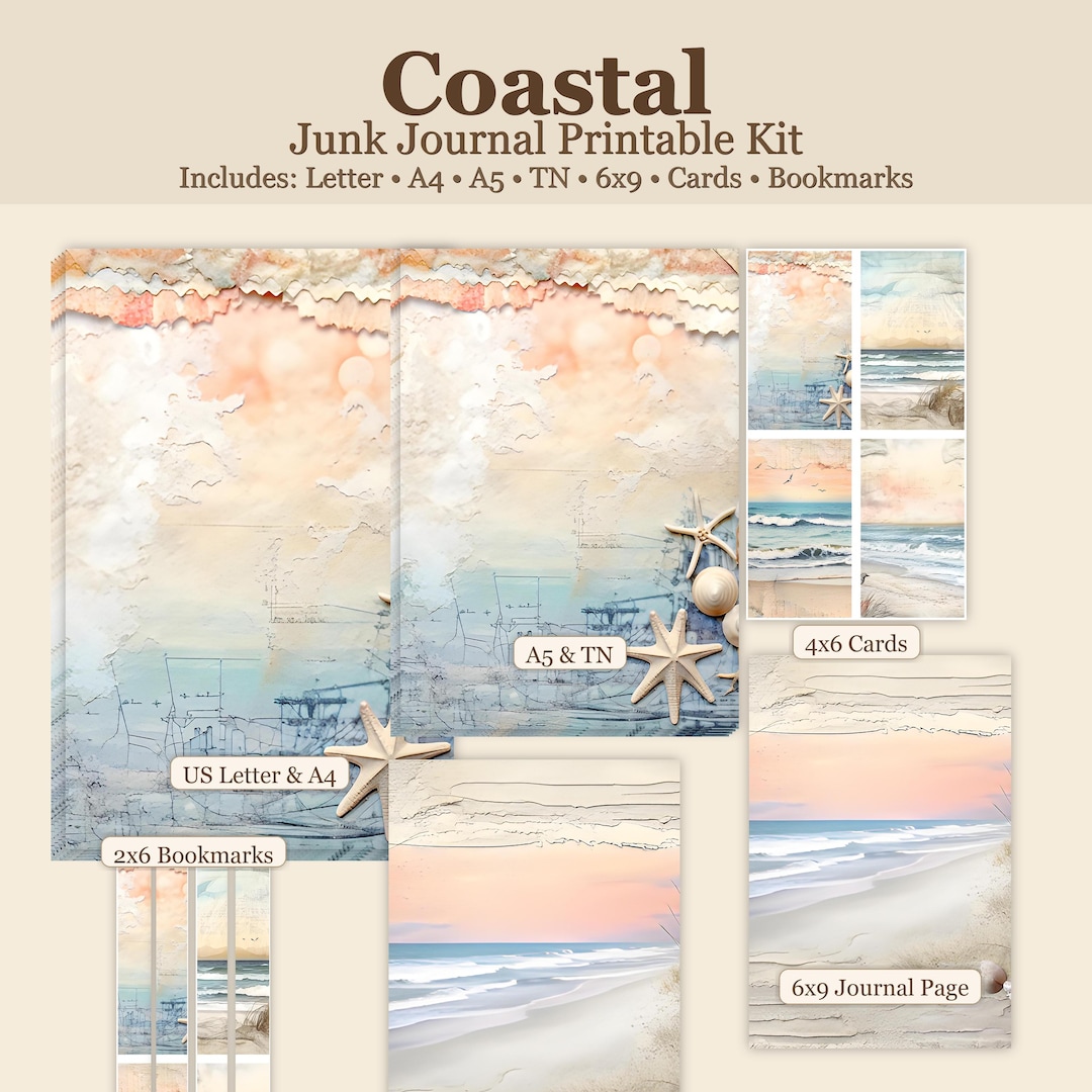 Coastal Junk Journal Kit Printable, Vintage Beach Scrapbook Paper, Sea ...