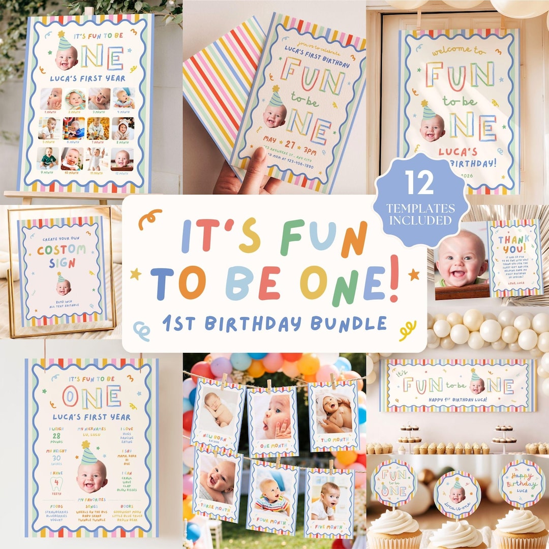 Fun to Be One Bundle Boy 1st Birthday Canva Template, 12 Matching Party ...