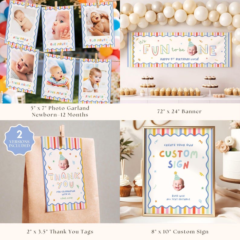 Fun to Be One Bundle Boy 1st Birthday Canva Template, 12 Matching Party ...