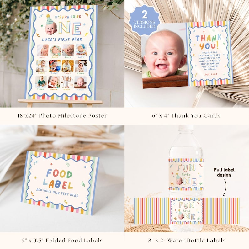 Fun to Be One Bundle Boy 1st Birthday Canva Template, 12 Matching Party ...