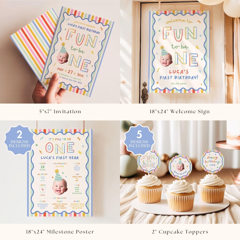 Fun to Be One Bundle Boy 1st Birthday Canva Template, 12 Matching Party ...