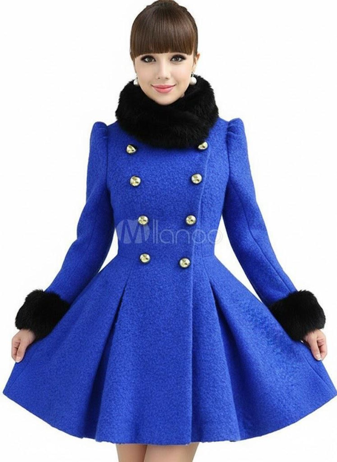 Royal Blue Wool Fur Collar Jacket | Elegant Double Breasted Winter ...